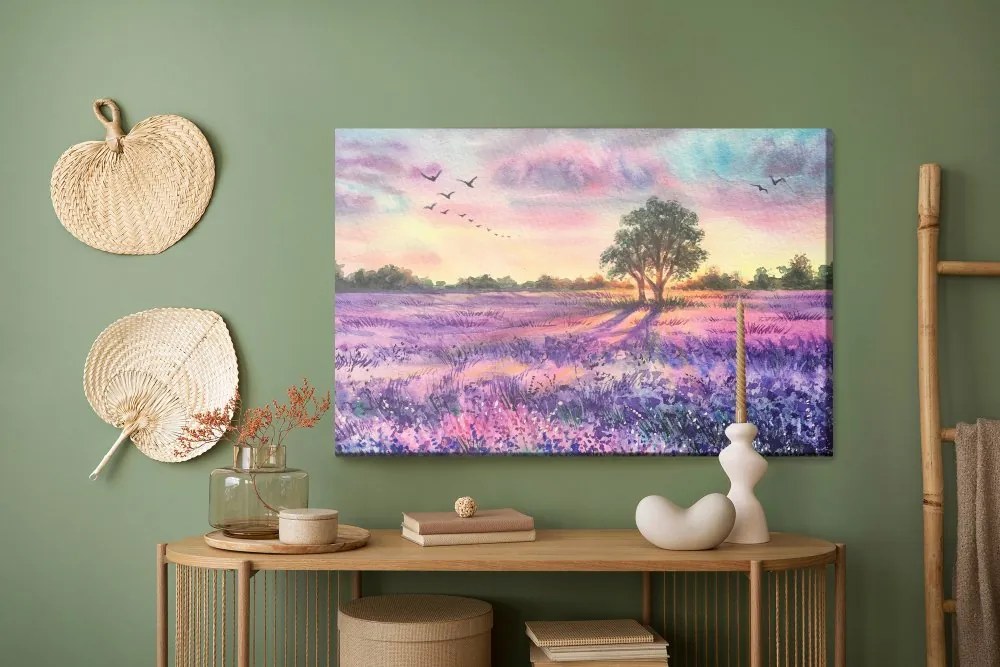 Obraz Levandulová Krajina Malovaná Akvarelem Nedostatek Nedostatek Plátno Canvas 40x30