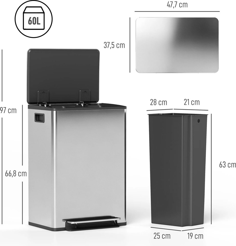 Odpadkový koš s přihrádkami o objemu 2x30 l, měkce zavíratelné víko, odolný proti otiskům prstů, nerezová ocel, stříbrná barva
