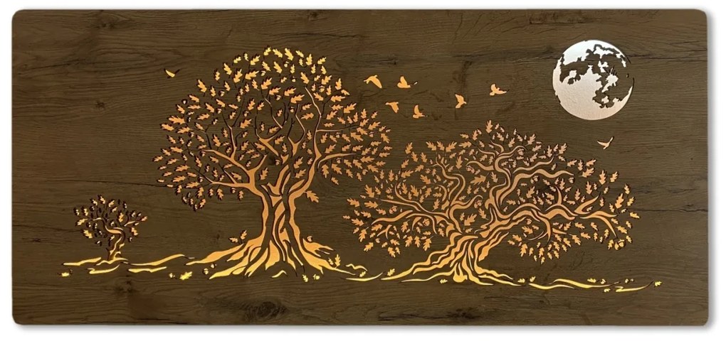 Li-Go "Tři duby a měsíc" světelný obraz s baterií 90x40cm varianta: ovládání na obraze včetně dálkového ovladače, provedení: bříza