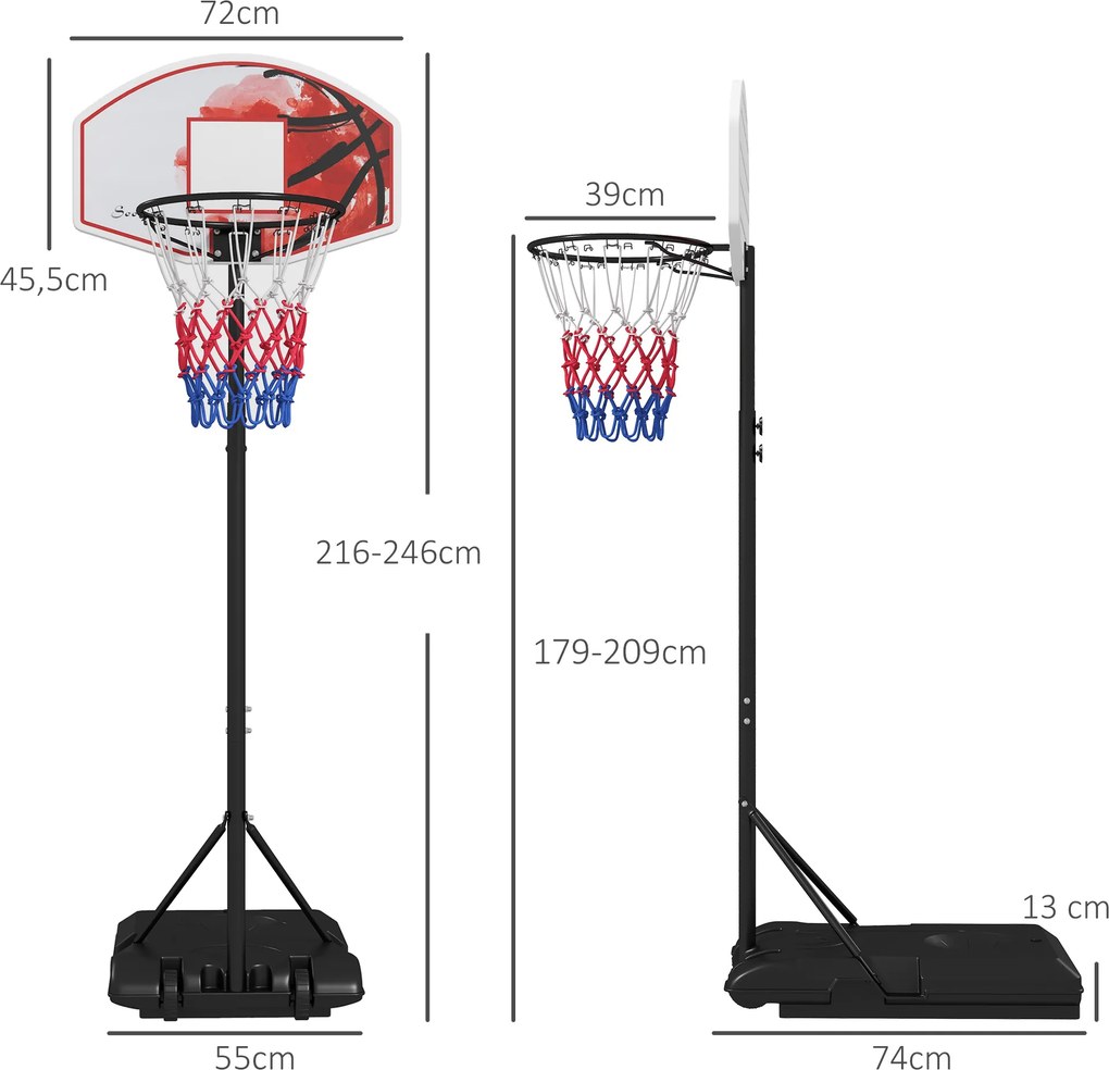 SPORTNOW basketbalový koš se stojanem, 179-209 cm výškově nastavitelný basketbalový stojan na kolečkách, stojan na basketbalový systém, venkovní, oce…
