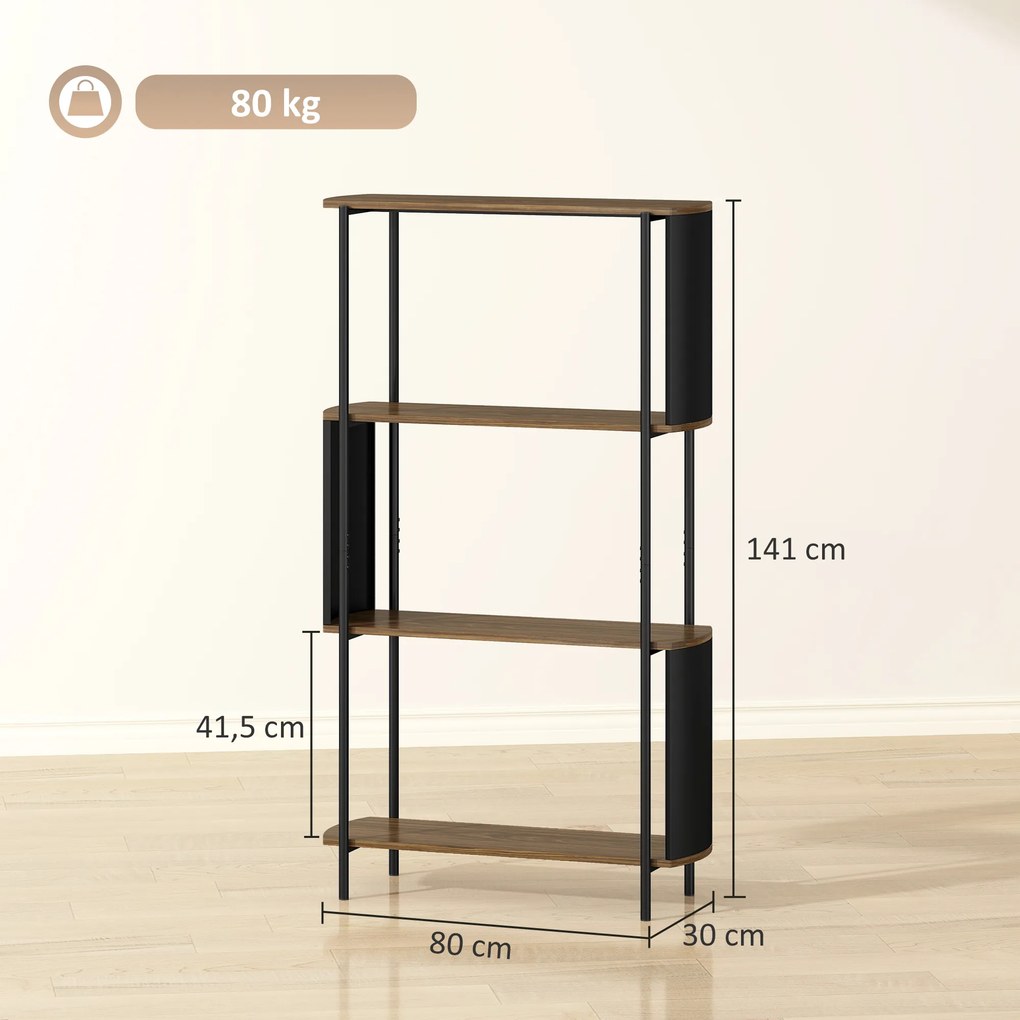 HOMCOM 4patrový úložný regál s 4 policemi, zahnuté bočnice, industriální ocelový rám pro kancelář, obývák, ložnici — 80 x 30 x 141 cm, hnědá
