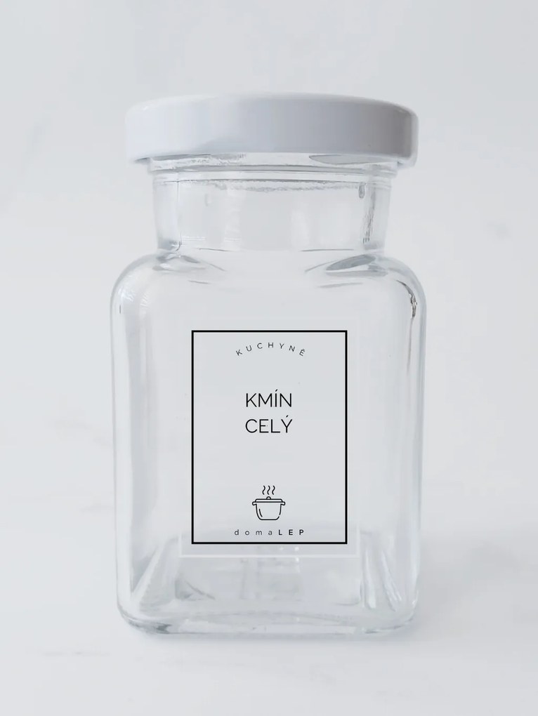 Samolepka na kořenky KMÍN CELÝ průhledná 3 × 4 cm základní písmo