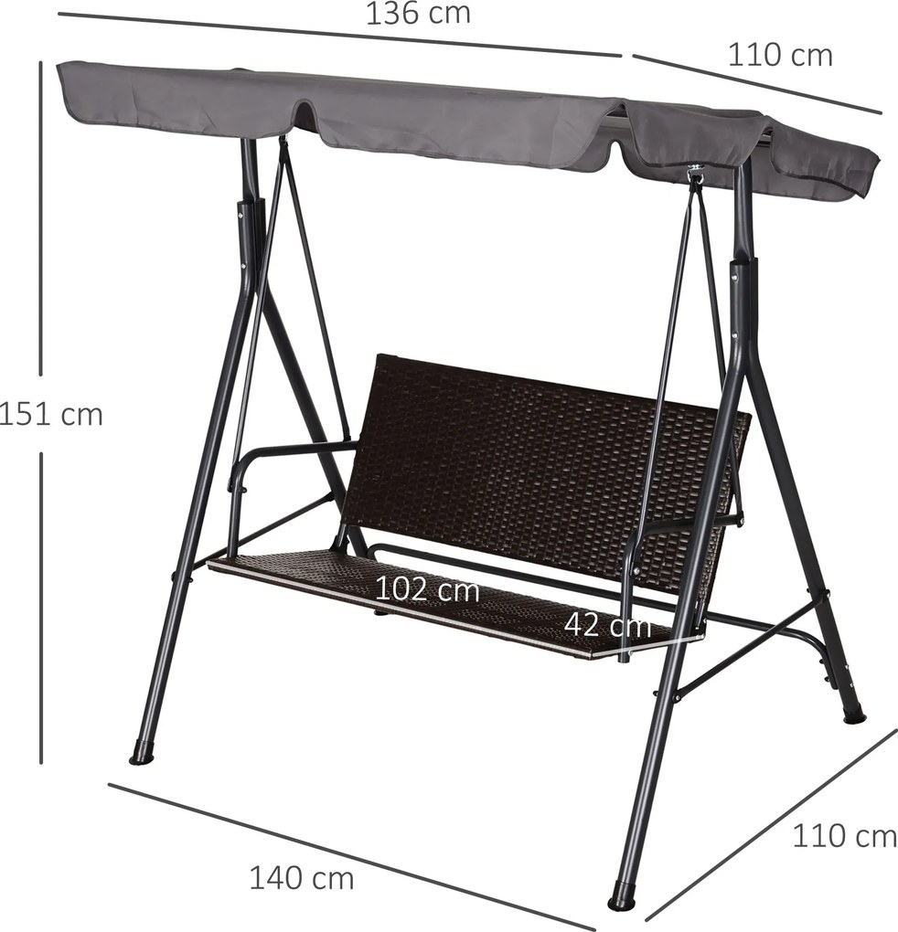 Outsunny Hollywoodský houpač 2-místný zahradní houpačka s nastavitelnou sluneční střechou, ocelový rám, ratan 140 x 110 x 151 cm