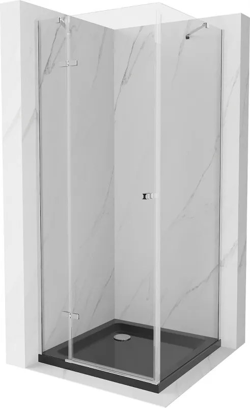 Mexen Roma, sprchový kout s křídlovými dveřmi 90 (dveře) x 90 (stěna) cm, 6mm čiré sklo, chromový profil + slim sprchová vanička černá + chromový sifon, 854-090-090-01-00-4070