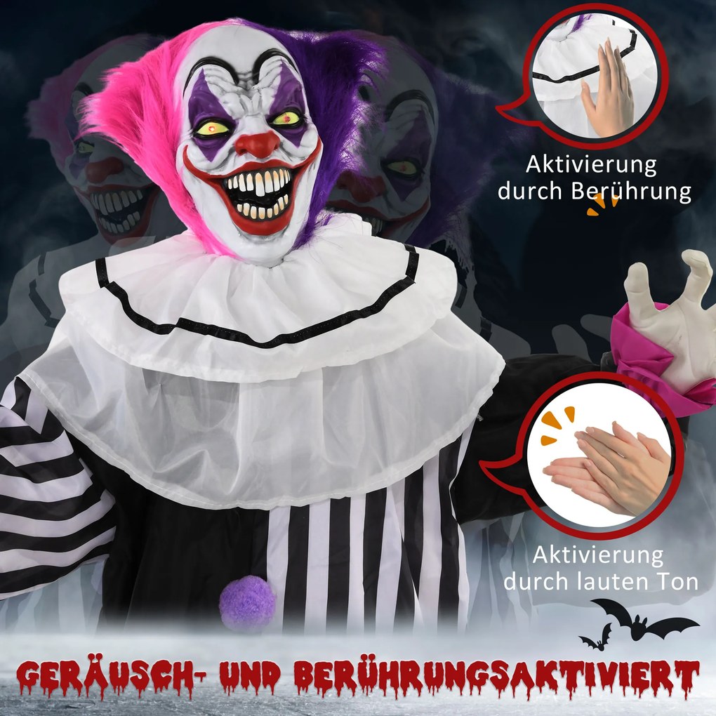 HOMCOM Strašidelný klaun Halloween dekorace, pohyblivý, funkce smíchu, růžová + fialová