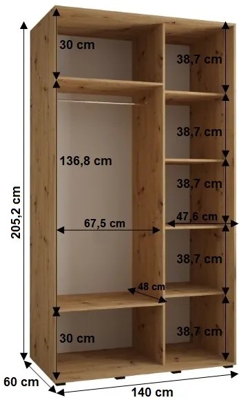 Šatní skříň Sapporo Abika 140/205,2/60 barevné provedení: bílý mat + dub artisan + černé lamely