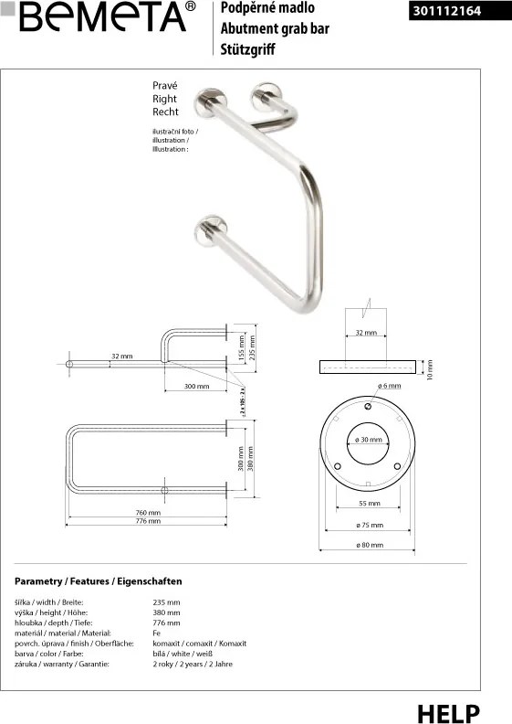 Bemeta Design HELP: Madlo, s dvojitým kotvením, pravé, bez krytky, bílá - 301112164
