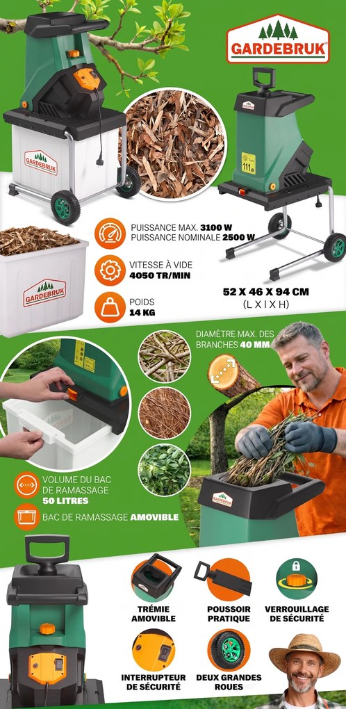 Drtič větví 3100W se sběrnou nádobou 50L