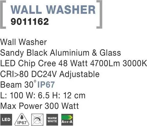 NV 9011162 WALL WASHER černý hliník a sklo LED Chip Cree 48W 3000K DC24V nastavitelné 30st. IP67 Max Power 300W - NOVA LUCE