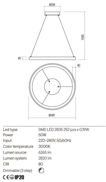 Redo 01-2674- LED Stmívatelný lustr na lanku ICONIC LED/50W/230V pr. 58 cm černá