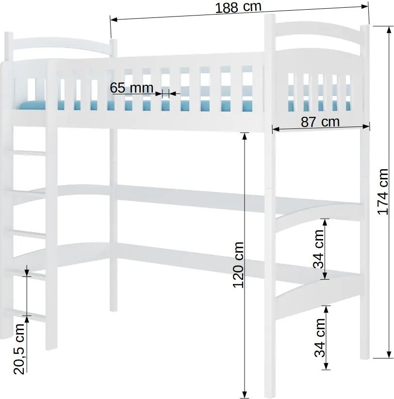 ADRK Furniture Patrová postel mezzanine MIAGO 180x80 CH-Mia-W-188-E1605
