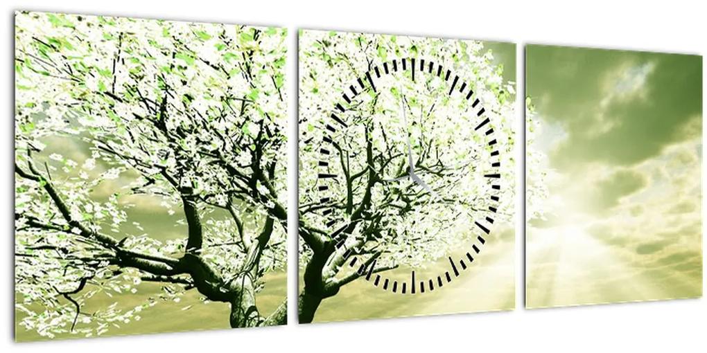 Obraz stromu na louce (s hodinami) (90x30 cm)