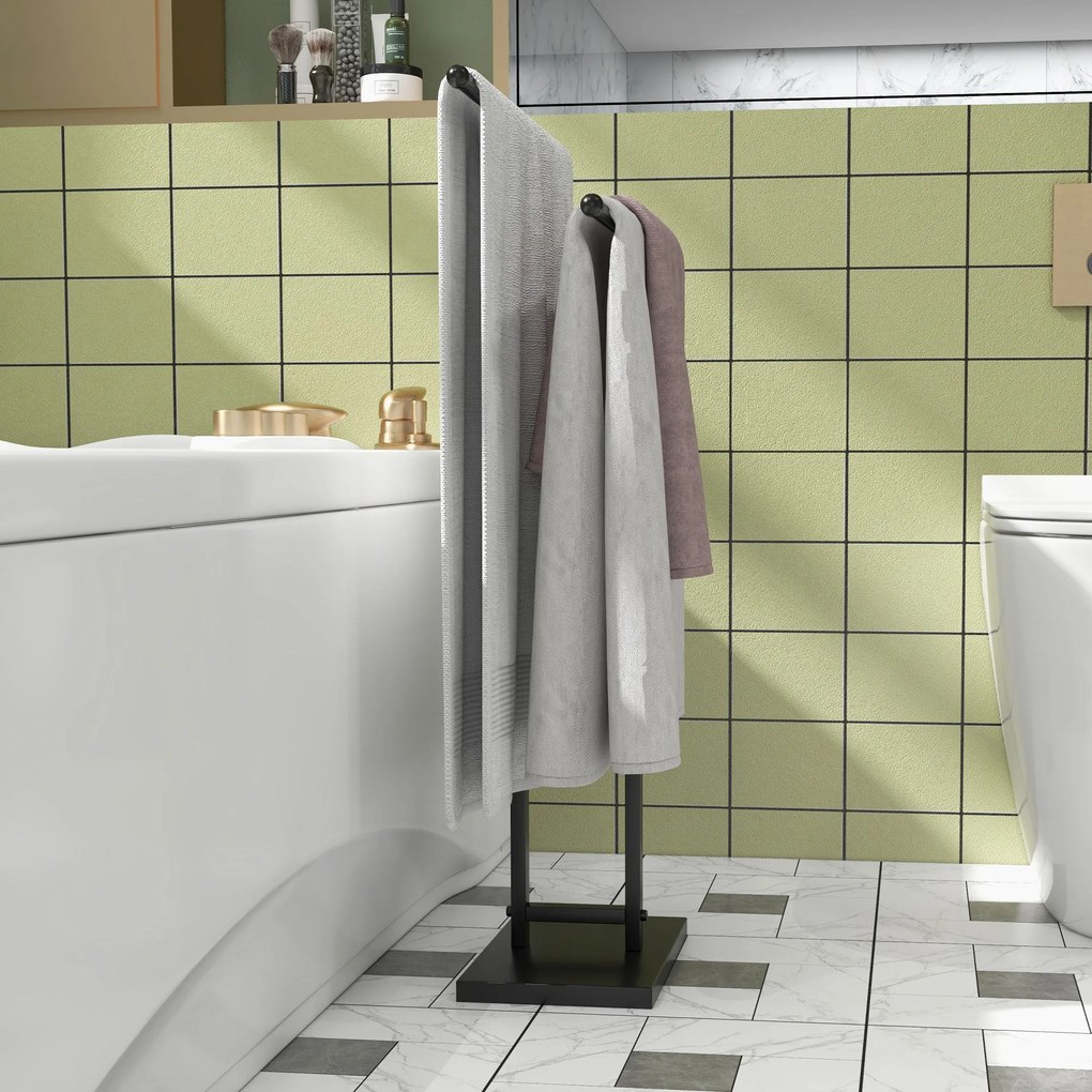 HOMCOM Volně stojící stojan na ručníky 2-podlažní, kovový držák na ručníky do koupelny, 50Š x 18,5H x 85V cm, černý