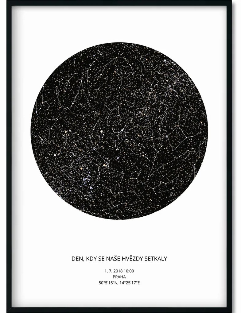 Hvězdná mapa Vašeho životního okamžiku Rozměr plakátu: 50 x 70 cm, Barva pozadí: Vesmírná, Volba rámu: Lípa dřevěný rám