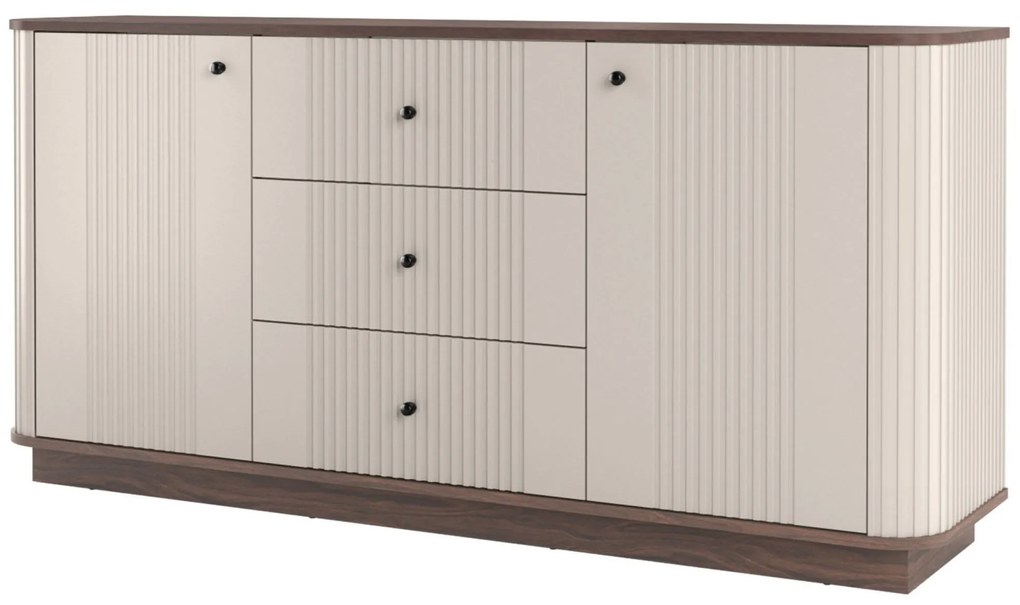 Komoda Vesper 160 cm se zásuvkami - kašmírová / ořech / černé úchytky