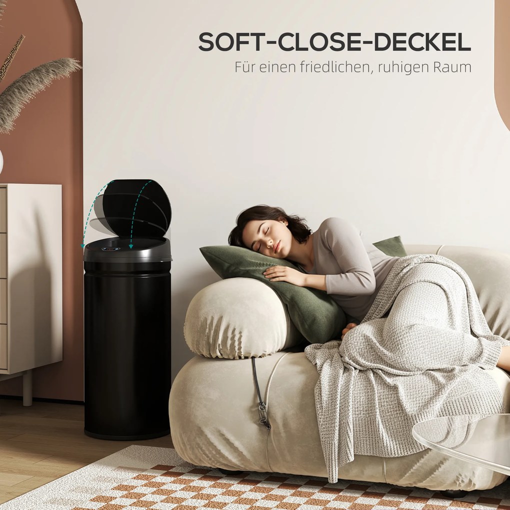 HOMCOM 42l senzorem řízený odpadkový koš s funkcí Soft-Close, bezdotykový odpadkový koš z nerezové oceli pro hygienické kuchyně 851-048V00BK