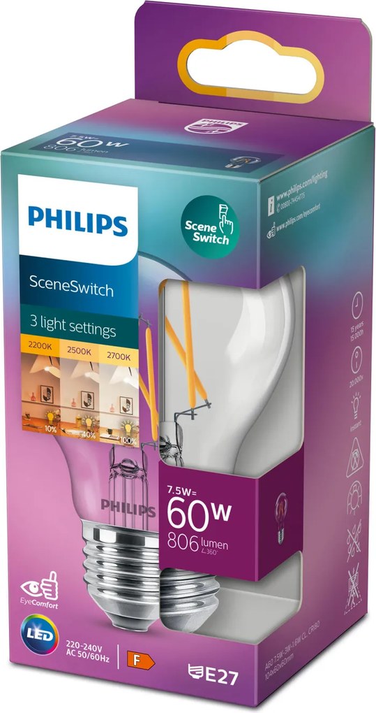 Philips 8718699772130 LED SceneSwitch žárovka 7.5-3-1.6W/60W 806-320-150 A60 E27 2700-2500-2200K 220-240V filament