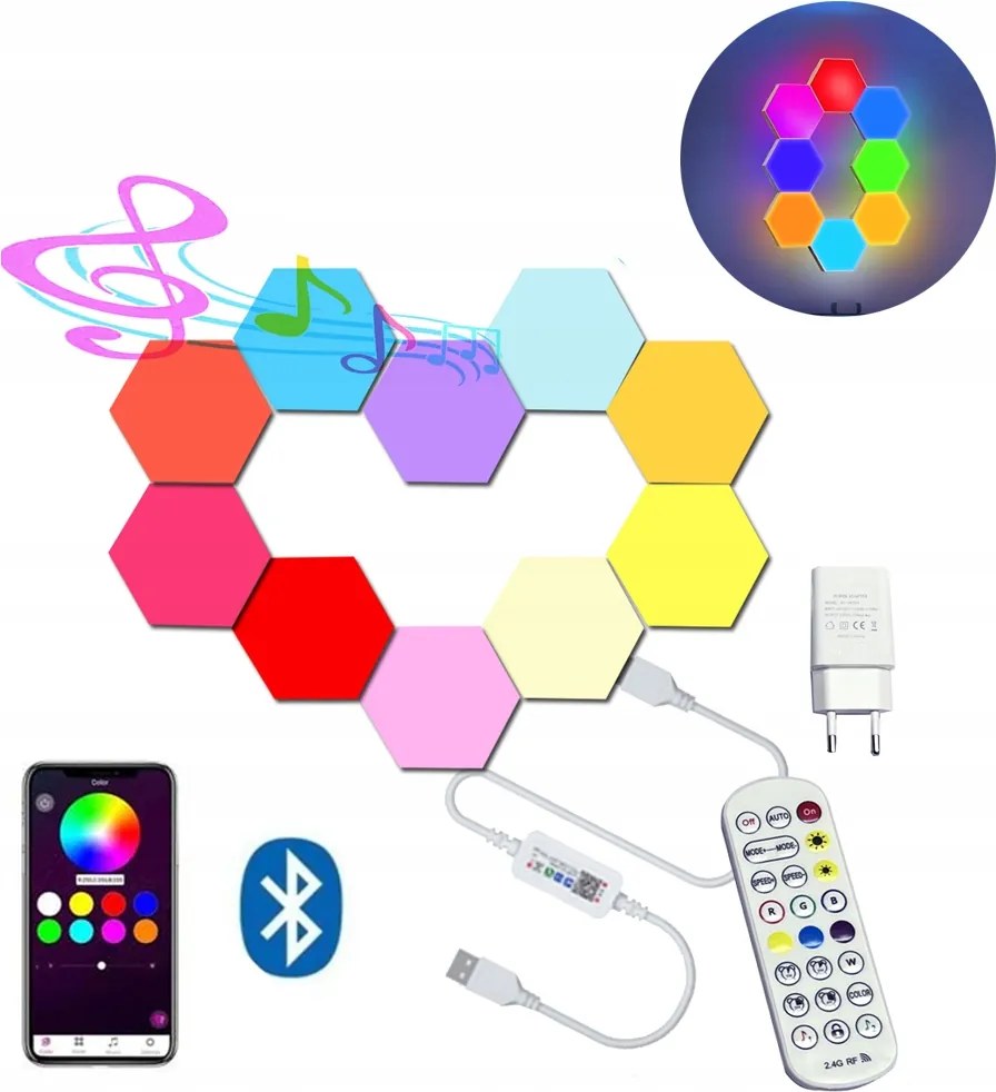 Led Lampa Sada 10 X Panel Hexagon Wifi Smart Tuya Rgb Bílá Inteligentní