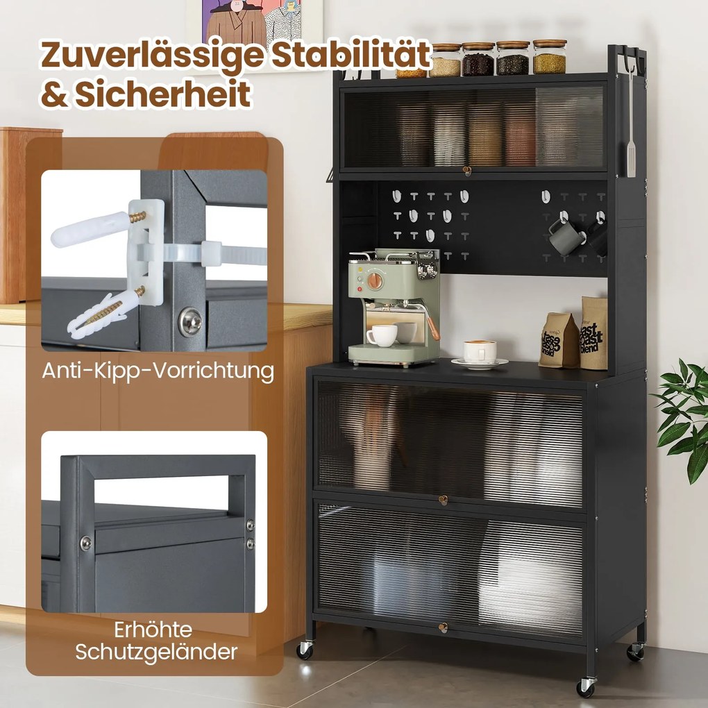 Costway Vysoká kuchyňská skříňka s kolečky a skládacími dvířky a pegboard