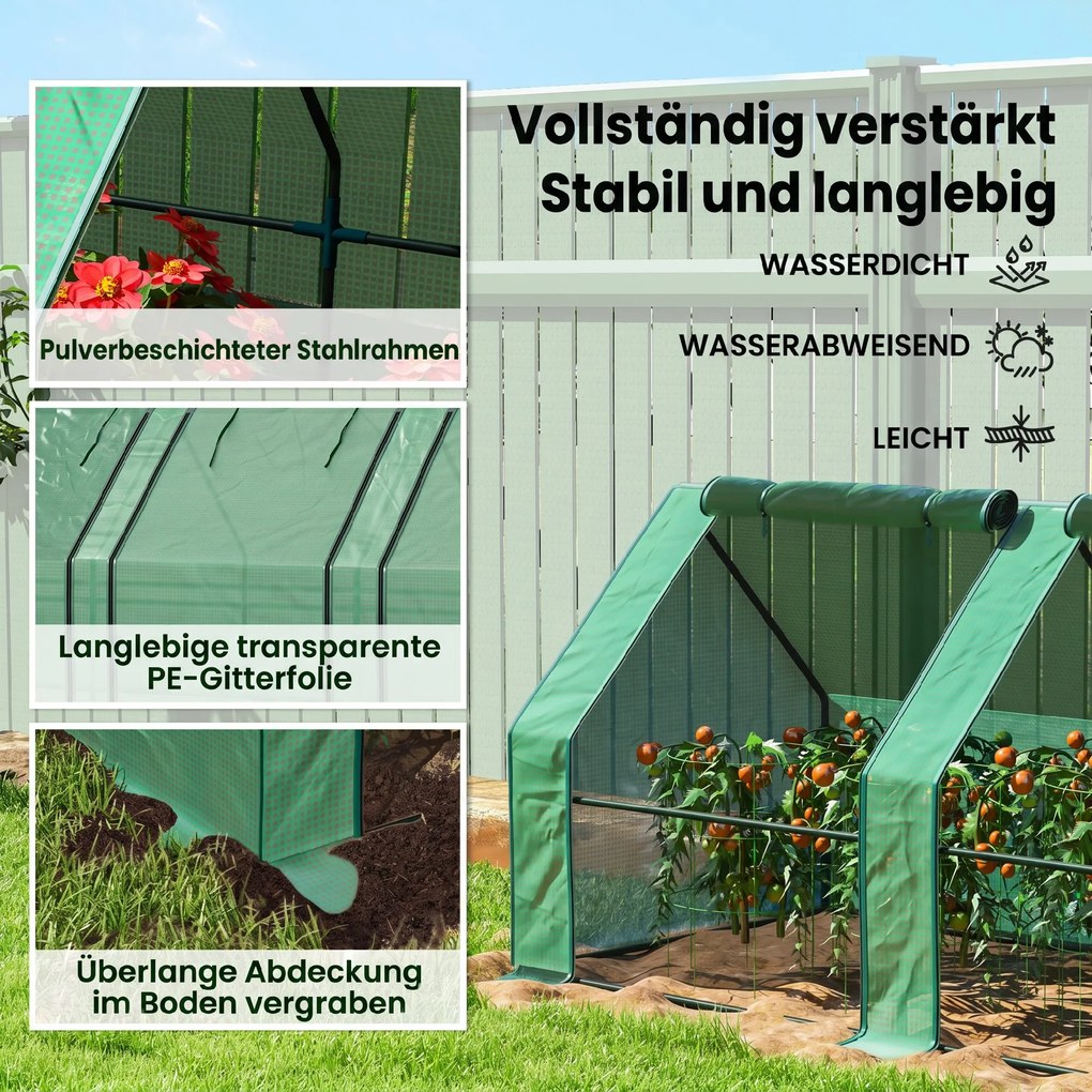 Outsunny Skleník se zipovým oknem, zimovzdorný foliový skleník z oceli 360 x 90 cm Zelený