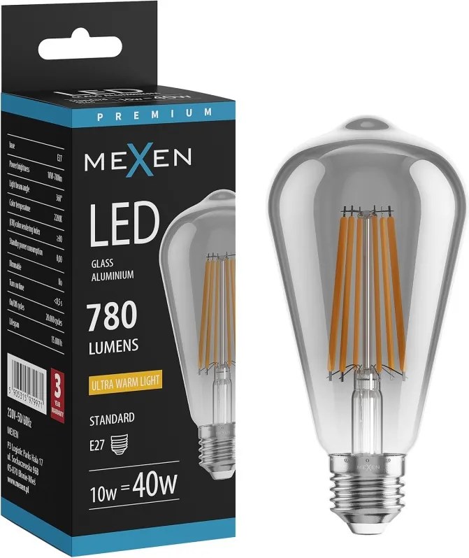 Mexen Vintis, LED filamentová žárovka E27, ST64, 10 W, teplá bílá 2200K, kouřová, L152-E27-1022-70