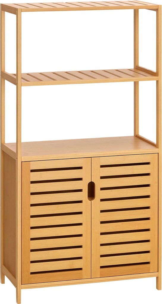 Kleankin koupelnová skříňka se 2 otevřenými policemi a skříňkou se 2 dvířky, úsporná bambusová skříňka 60x30x120 cm, přírodní | Aosom
