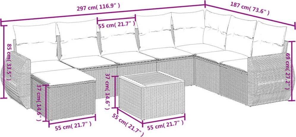 vidaXL 9dílná zahradní sedací souprava s poduškami polyratan [3257474] Barva: Šedá