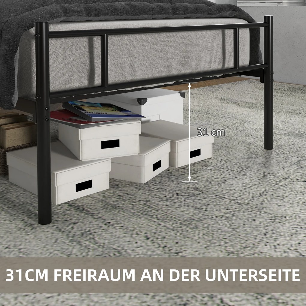HOMCOM jednolůžkový postelový rám z oceli 95x211x106 cm, integrované laťování, čelo a nožní část, úložný prostor pod postelí, černá