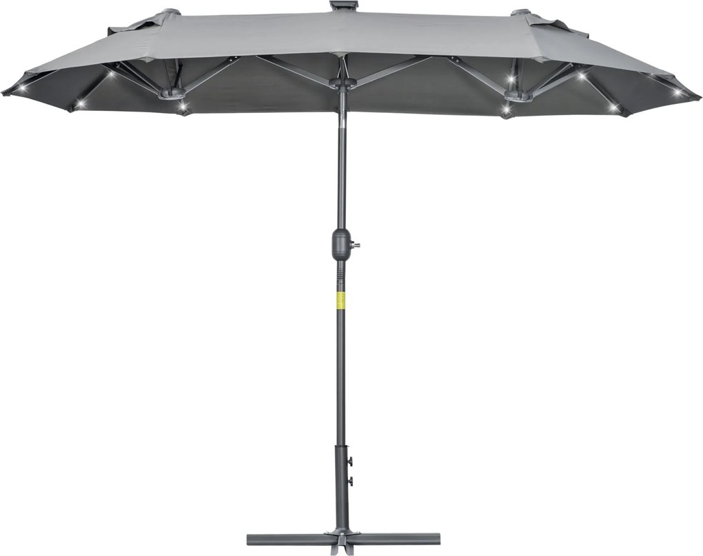 Outsunny Dvojitý slunečník 295x150x219 cm s LED solárními světly, nastavitelné sklopení a manuální klička pro terasu, bazén a pláž, šedý