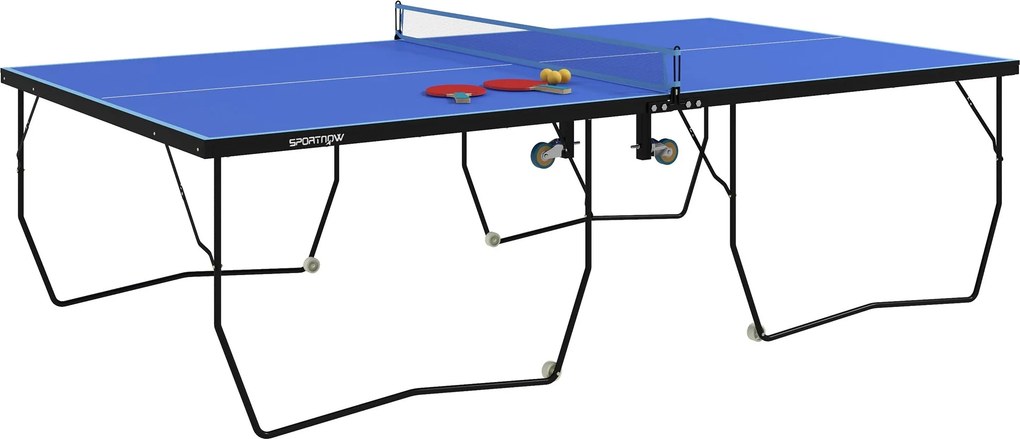 STOLNÍ TENISOVÝ STŮL SPORTNOW - Skládací stůl na ping pong s vrchní sítí a kolečky, 2 pálkami a 3 míčky, Ocel, Modrá, 274 x 152,5 x 76 cm | Aosom