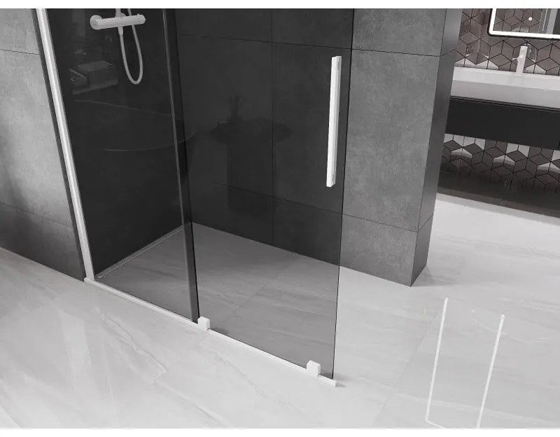 Mexen Velar, sprchová zástěna s posuvnými dveřmi Walk-in 130 x 200 cm, 8mm šedé sklo, bílá matná, 871-130-000-43-20