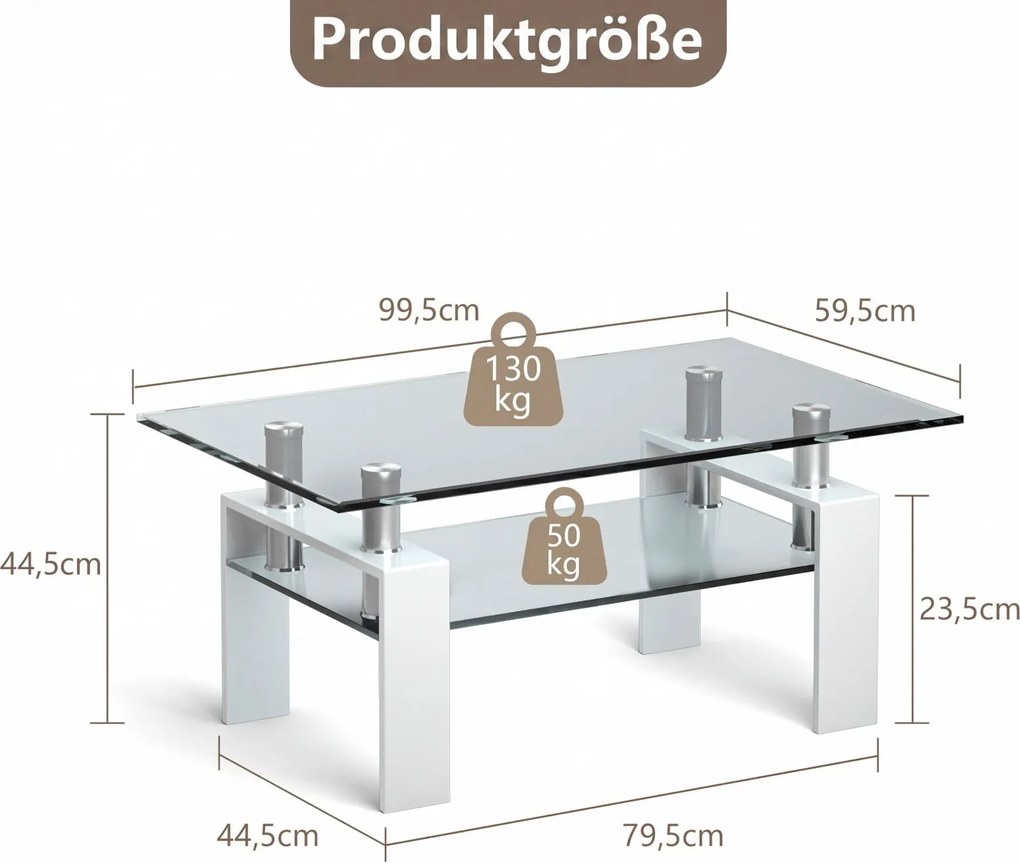 Costway Konferenční stolek ze skla, se spodní policí – 99,5 × 59,5 × 44,5 cm