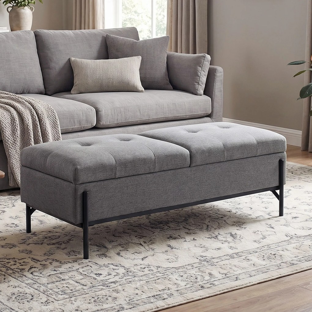 HOMCOM úložná lavice, lněný taburet s 2 přihrádkami, víky na pantech a extra polstrováním, sedadlo s knoflíkovým prošitím — (117 x 50 x 44 cm), šedá