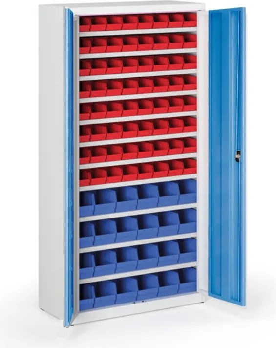 Skříň s plastovými boxy BASIC - 1800 x 400 x 920 mm, 64xA/24xB, šedá/modré dveře