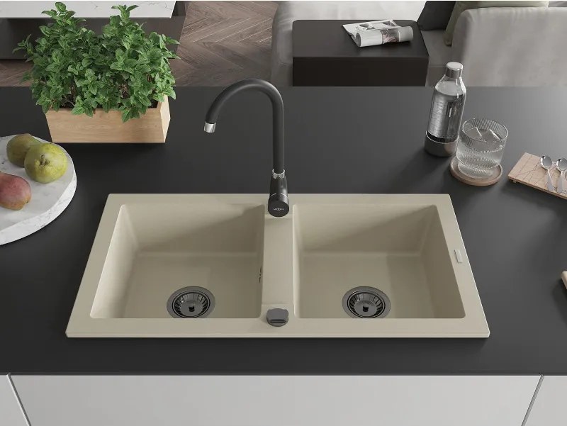 Mexen Mario, granitový dřez 820x436x161 mm, 2-komorový, béžová s černým sifonem, 6504822000-69-B