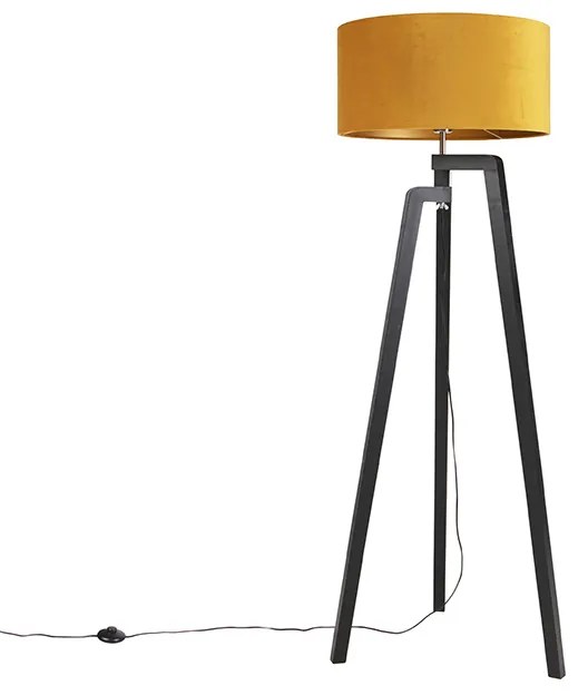 Stojací lampa trojnožka černá se žlutým stínítkem a zlatem 50 cm - Puros