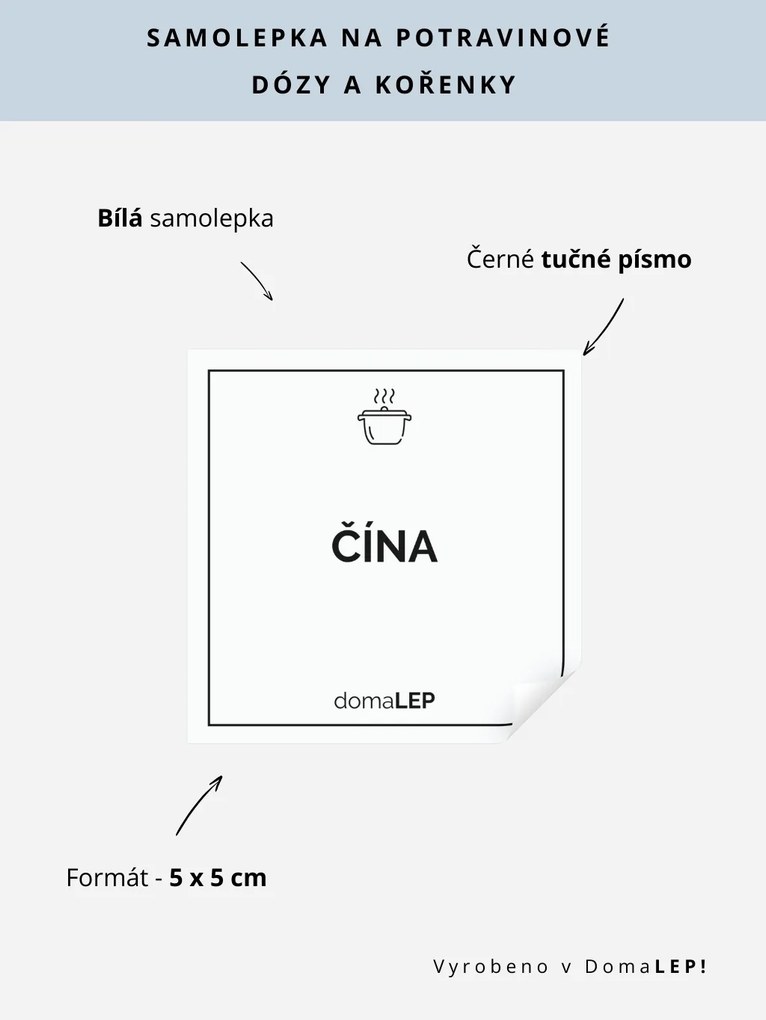 Samolepka na kořenky ČÍNA bílá 5 × 5 cm tučné písmo