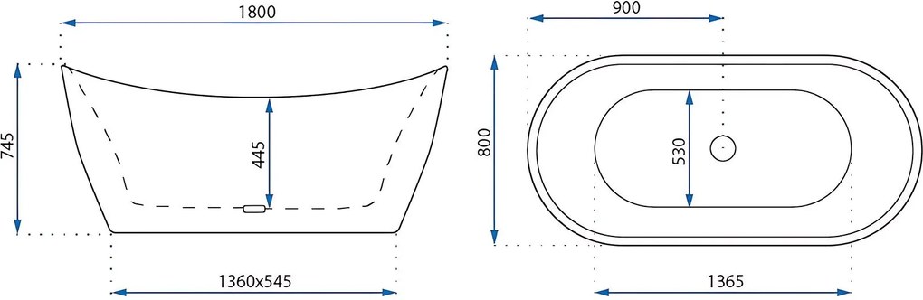 Volně stojící akrylátová vana REA FERRANO SLIM 180x80 cm bílý, sifon Click-Clack - kartáčovaná měď