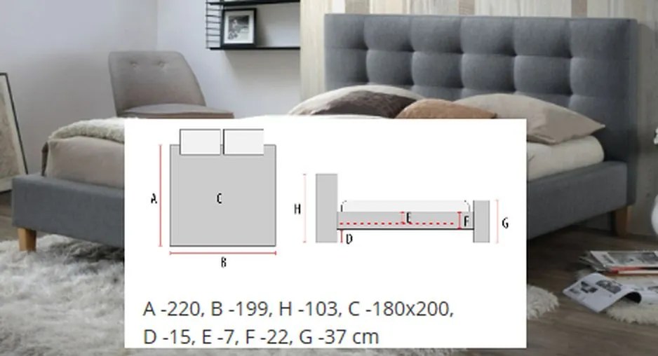Postel TEXAS 180x200 šedá/dub polstrování č.23