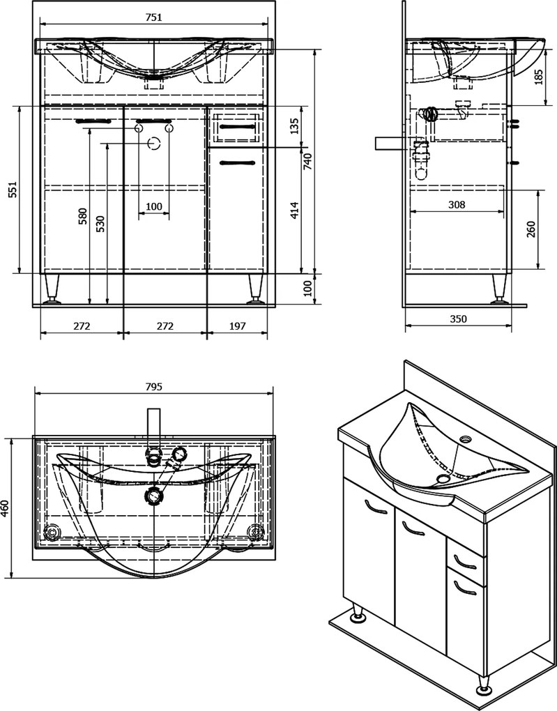 Aqualine KERAMIA FRESH umyvadlová skříňka 74,5 x 74 x 34,7 cm dub platin 50083