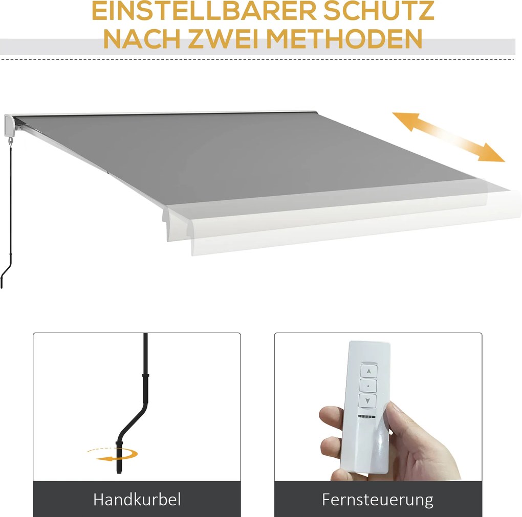 Markýza, elektricky/manuálně výsuvná, plná kazeta, dálkové ovládání, hliníkový rám, 4 x 3 m, světle šedá