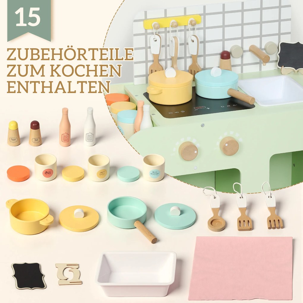 Dětská hrací sada do kuchyně, MDF, 15 doplňků, skříňky, 40 cm, od 3 let, zelená