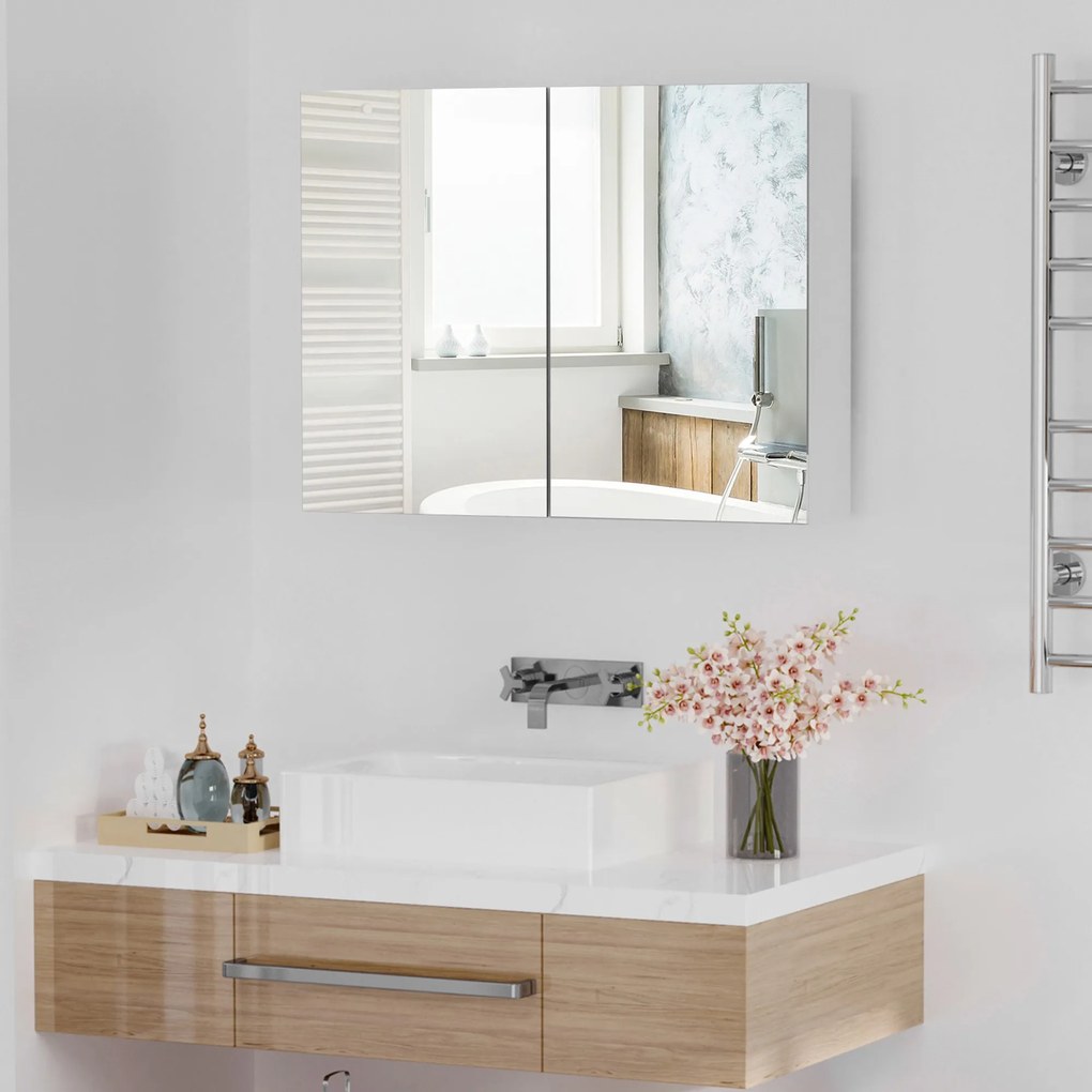 HOMCOM Koupelnová Skříň s Zrcadlem, 2-Dveřová Skříň s 3 Policemi Moderní Styl pro Ložnici a Obývací Pokoj 80x15x60 cm Světle Fialová