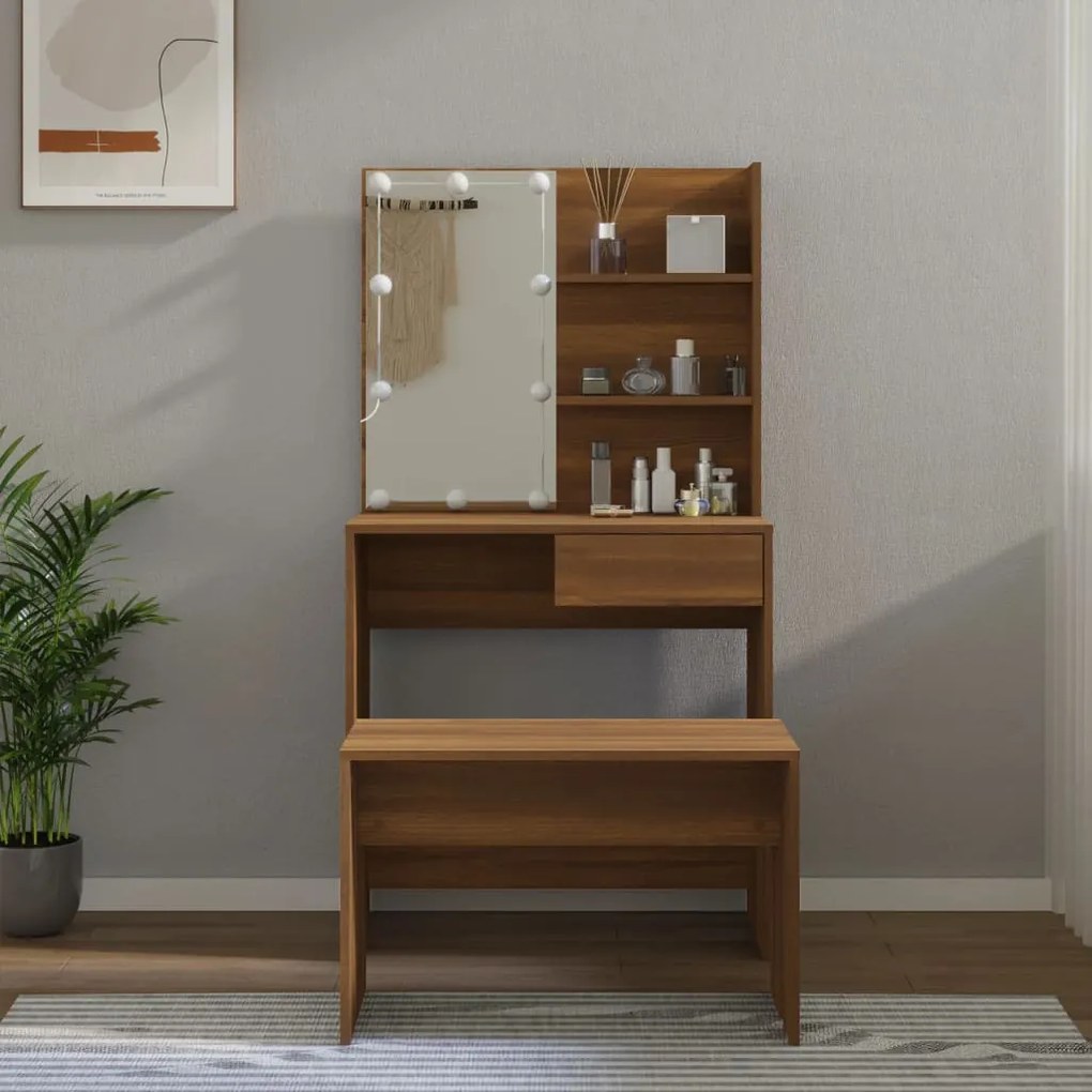 Toaletní stolek sada s LED hnědý dub kompozitní dřevo 3114114