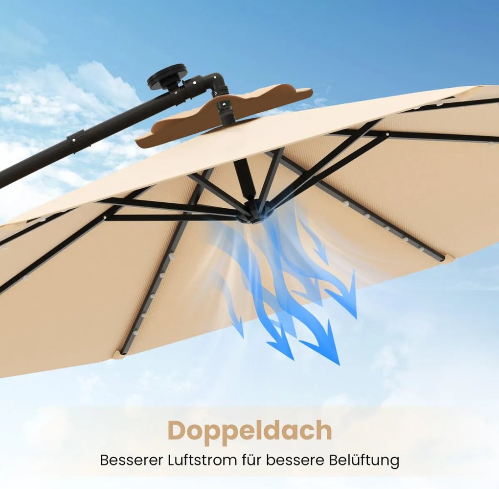 Costway Konzolový deštník Ø350 cm s 40 solárními LED světly a pytli s – béžový