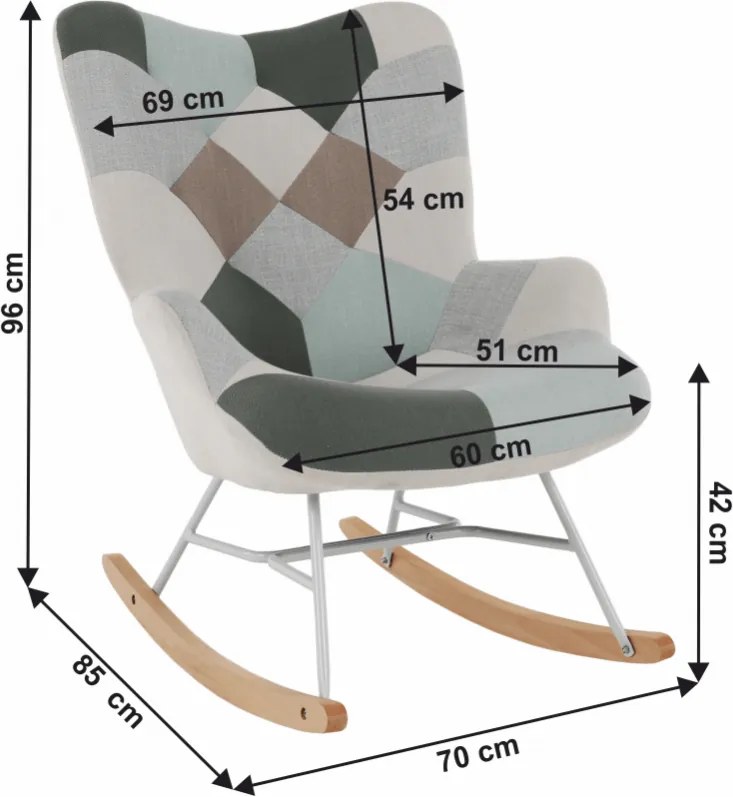Houpací křeslo GERON — dřevo, kov, látka patchwork Kondela