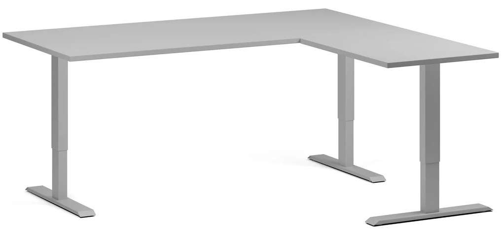 Rohový výškově nastavitelný stůl, 180x160 cm, 3 motory, L/P, šedá podnož, šedá