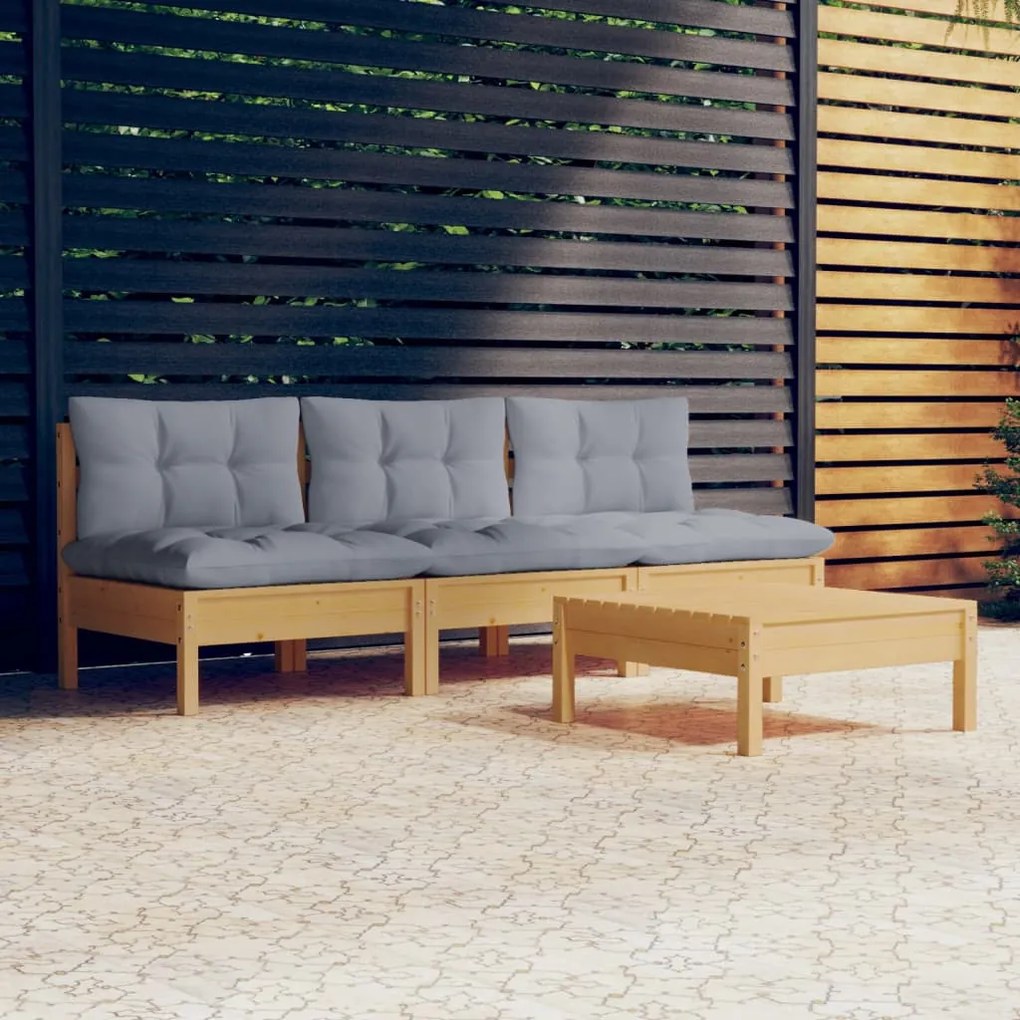 4dílná zahradní sedací souprava s šedými poduškami borovice 3096081