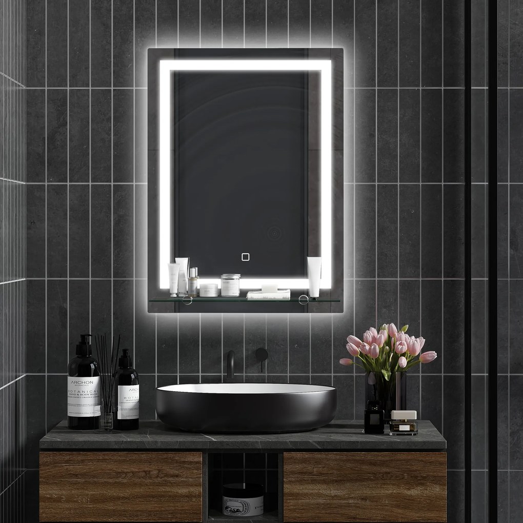 kleankin LED koupelnové zrcadlo, stmívatelné, proti páře, dotykový vypínač, polička, 50 x 70 cm, Stříbrná
