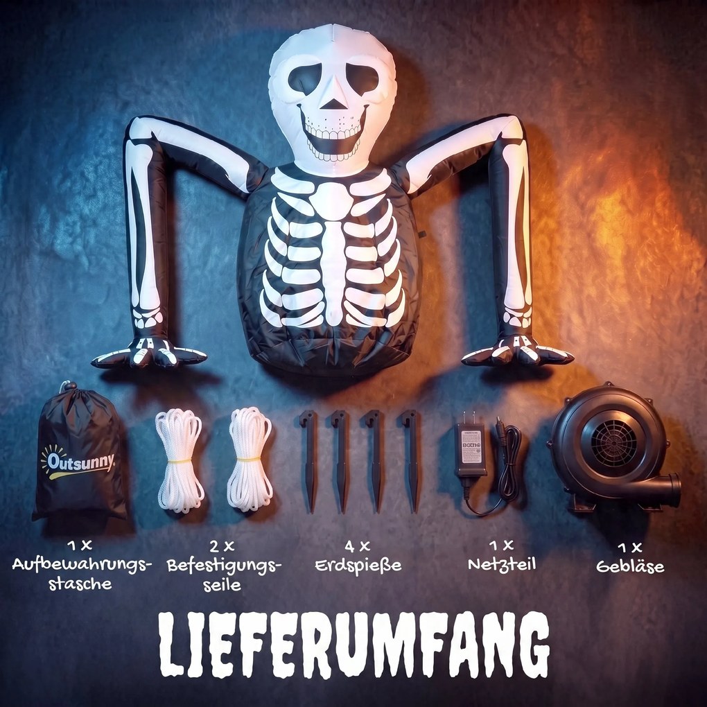 Outsunny Nafukovací Halloween kostlivec, vylézající ze země, s LED světly, strašidelná dekorace pro vnitřní i venkovní použití